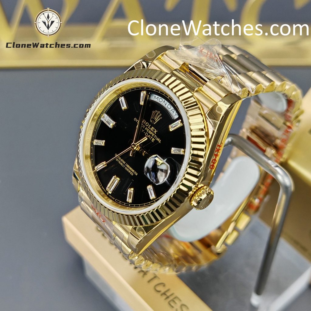 Super Clone Watches – Rolex Day Date 18K Gold Black Diamond